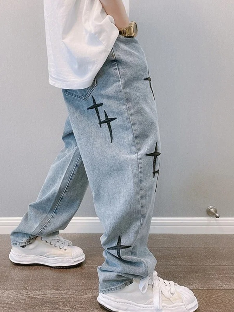 Jean baggy homme bleu clair et détails brodés - Tendance Jeans